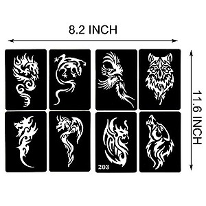 Kotbs 4 Sheets Temporary Tattoo Stencils, 32pcs Animal Patterns Henna Tattoo Stencil Kit Temporary Glitter Airbrush Tattoo Stencils Arabian Tattoo Stickers for Face Body Paint Art
