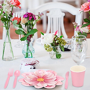 Sieral 144 Pcs Flower Party Supplies Include Disposable Flower Paper Plates Decorative Pink Floral Plates Napkins Cups and Cutlery for Bridal Baby Shower Wedding Birthday Summer Tableware Decoration