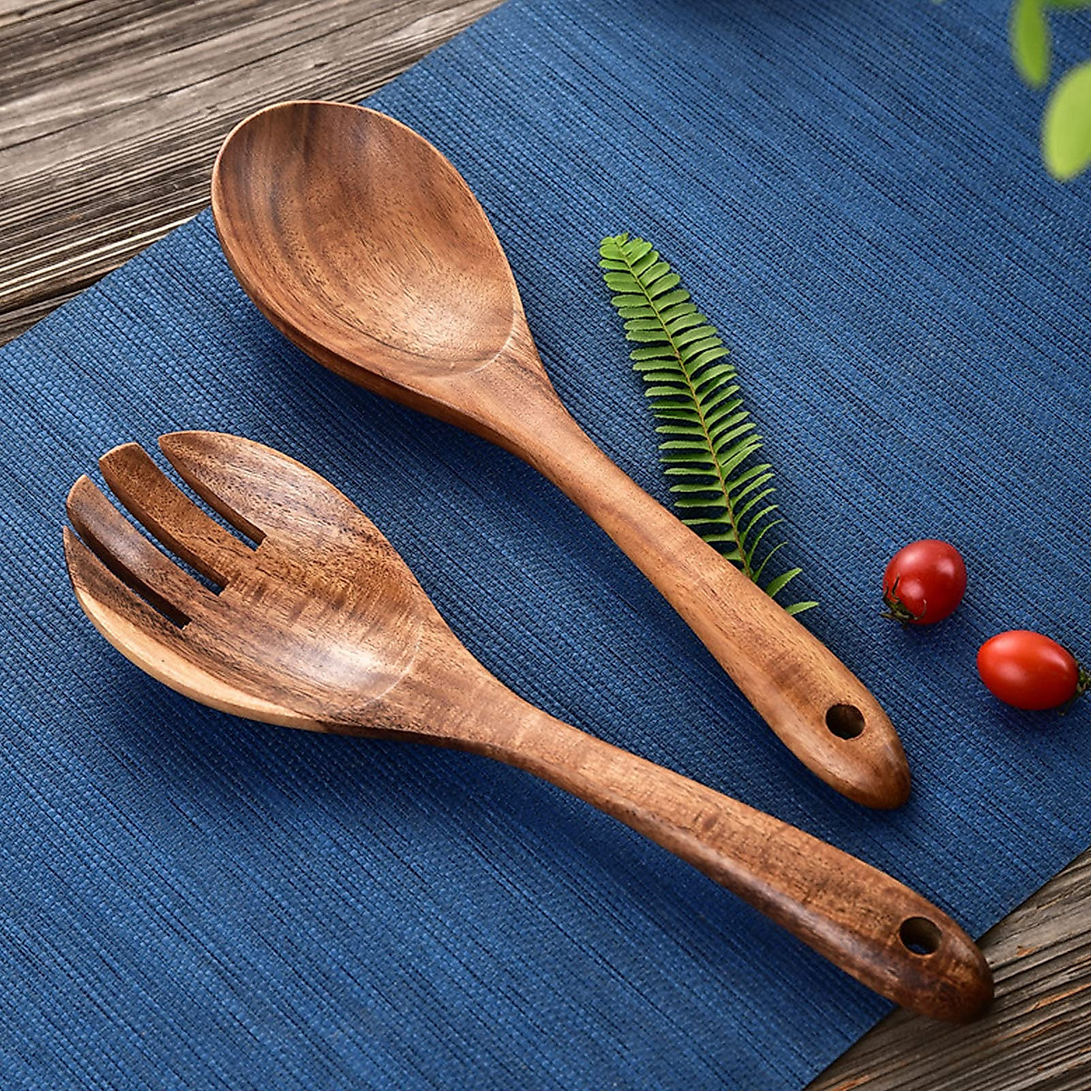 2Pcs / Set Wooden Mixing Spoon Fork with Hanging Holes, Ergonomic Design, Ideal for School Office Festival Use