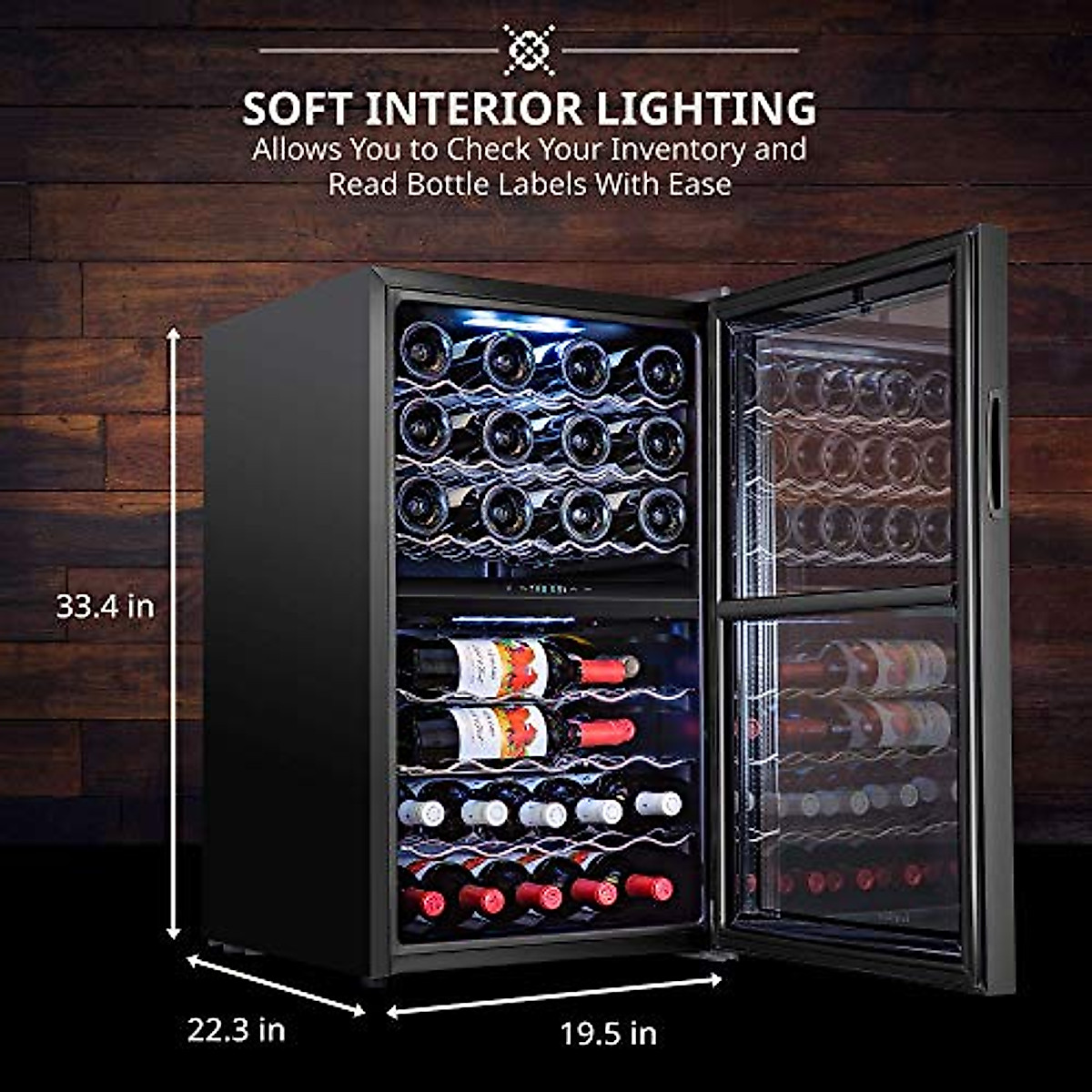 Ivation 43 Bottle Dual Zone Wine Cooler Refrigerator w/Lock | Large Freestanding Wine Cellar For Red, White, Champagne & Sparkling Wine | 41f-64f Digital Temperature Control Fridge Glass Door Black