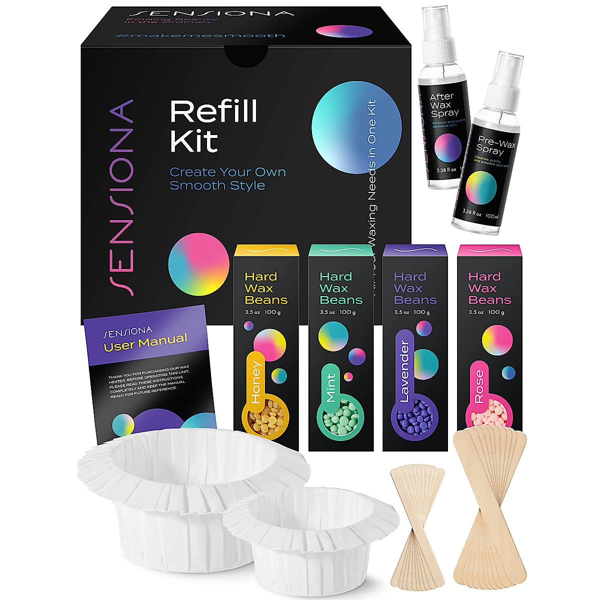 Sensiona Depilatory Hard Wax Beans, Refills Kit Waxing Beads, 4 X Wax Beads (Total 14oz) Scented Wax Pellets Hair Removal for Brazilian, Bikini, Face, Underarm, Before/After Waxing Skin Care Sprays