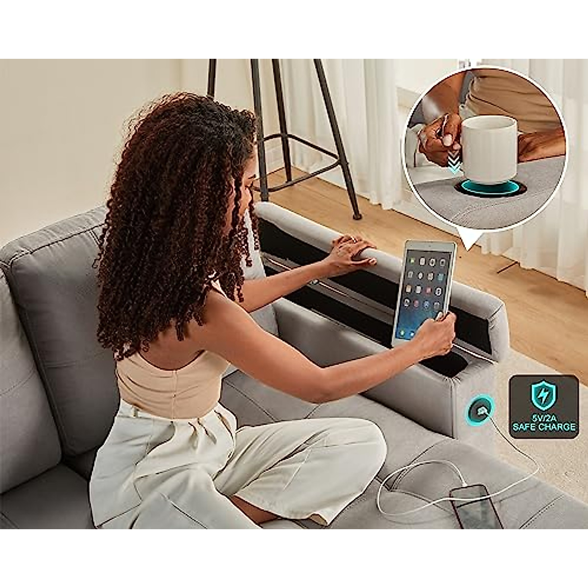 VanAcc Sofa Bed, Modern Tufted Convertible Sleeper Sofa, USB Charging Ports & Cup Holders, Pull Out Couch Bed with Storage Chaise, Chenille Couches for Living Room (Light Grey)