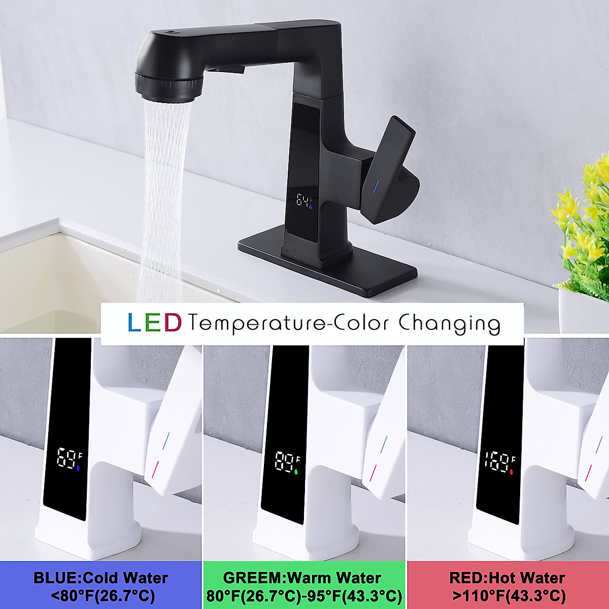 Qeemee LED Bathroom Faucet with Pull Out Sprayer, Matte Black Temperature Digital Display Sink Faucet 5 Water Flow Modes with 360° Swivel Spout Single Handle Lift Brass Faucet