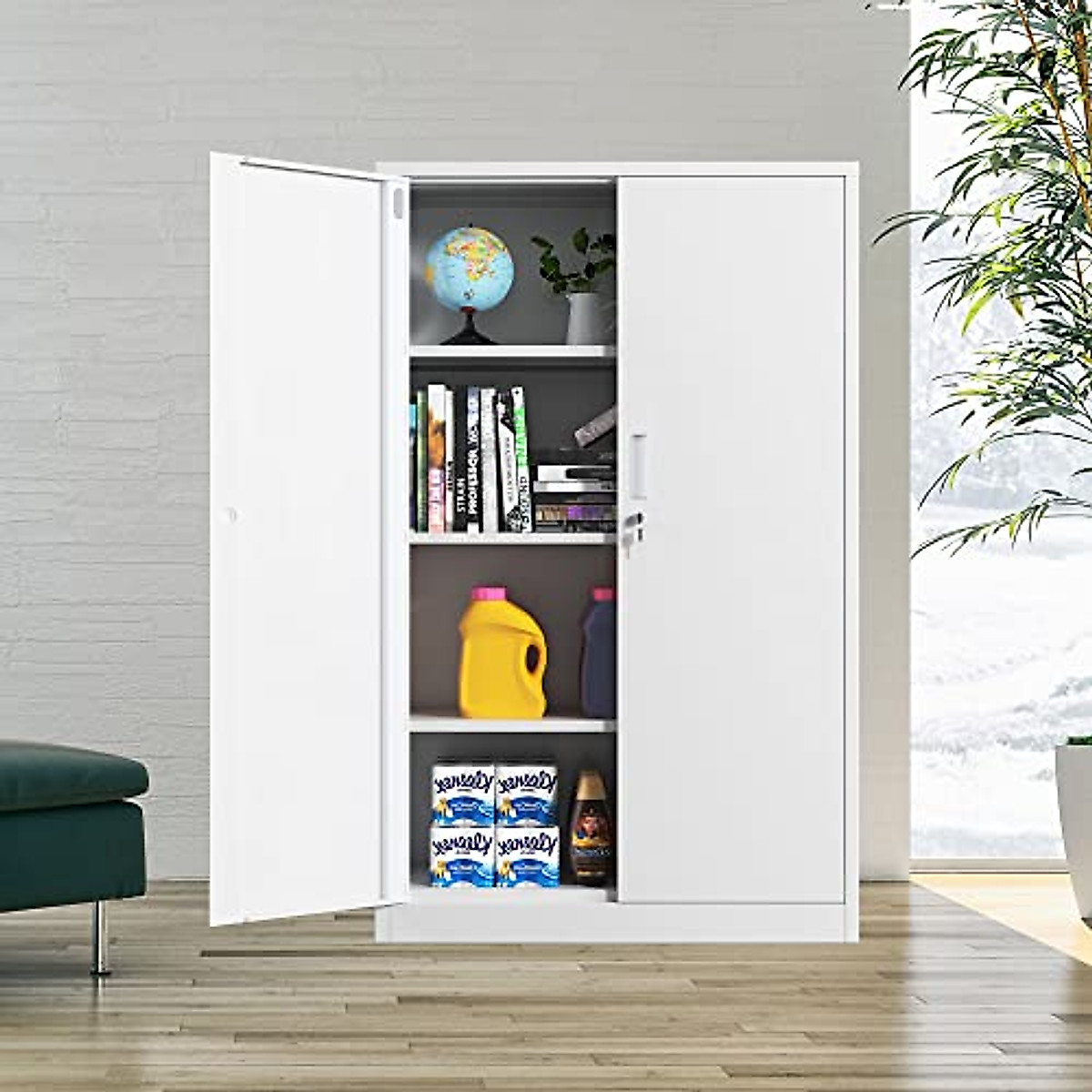 JINKUR Metal Storage Cabinet with Locking Doors and 3 Adjustable Shelves, 53.5-Inch Lockable Storage Cabinets for Home Office Garage Kitchen Pantry (White)