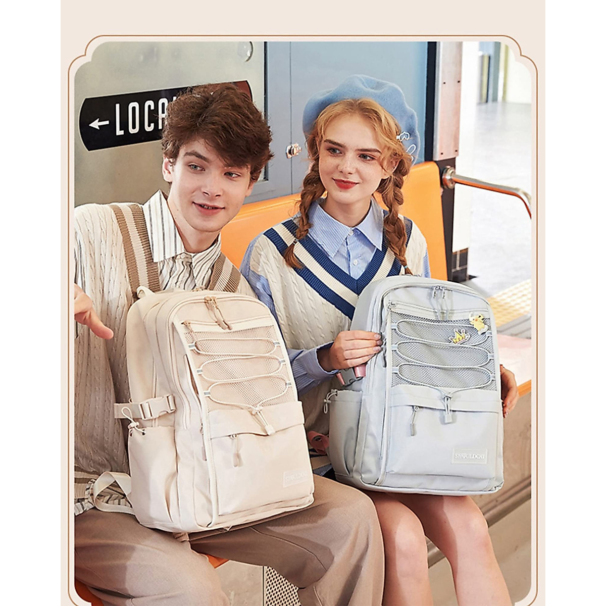 Woyiyaan Laptop Backpack for Women Girls 17 Inch Mesh School Bag, Unisex Student Bookbag Waterproof Backpack for College Work Travel,Beige Backpack