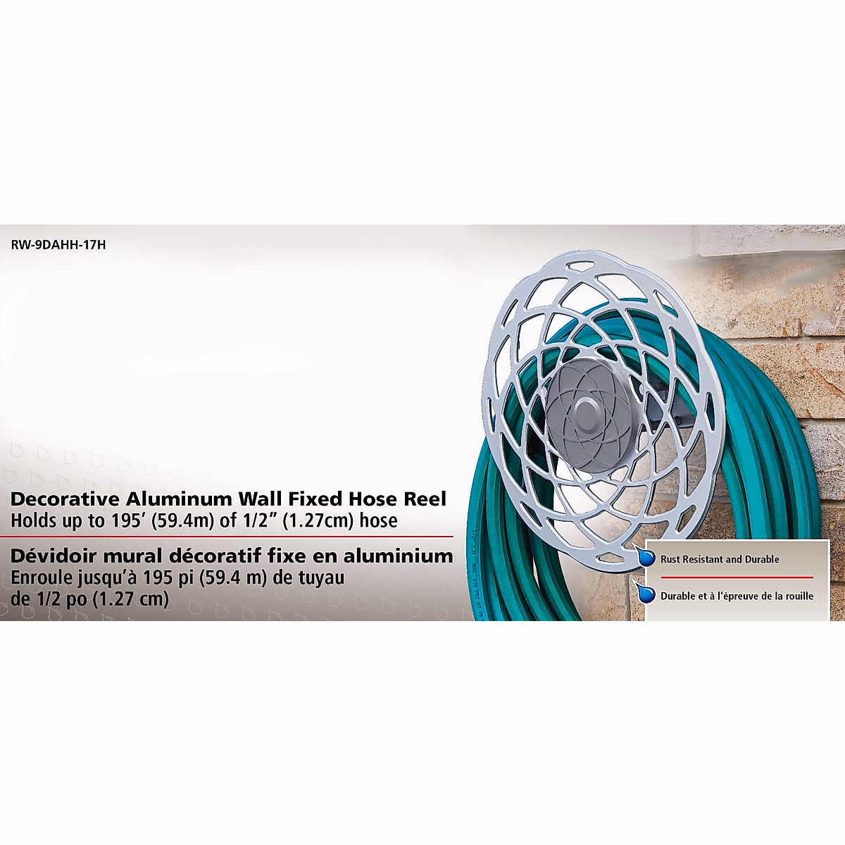 RAINWAVE Aluminum Non-Rust Wall Fixed Hose Reel, Gray (RW-DAHH-17H)