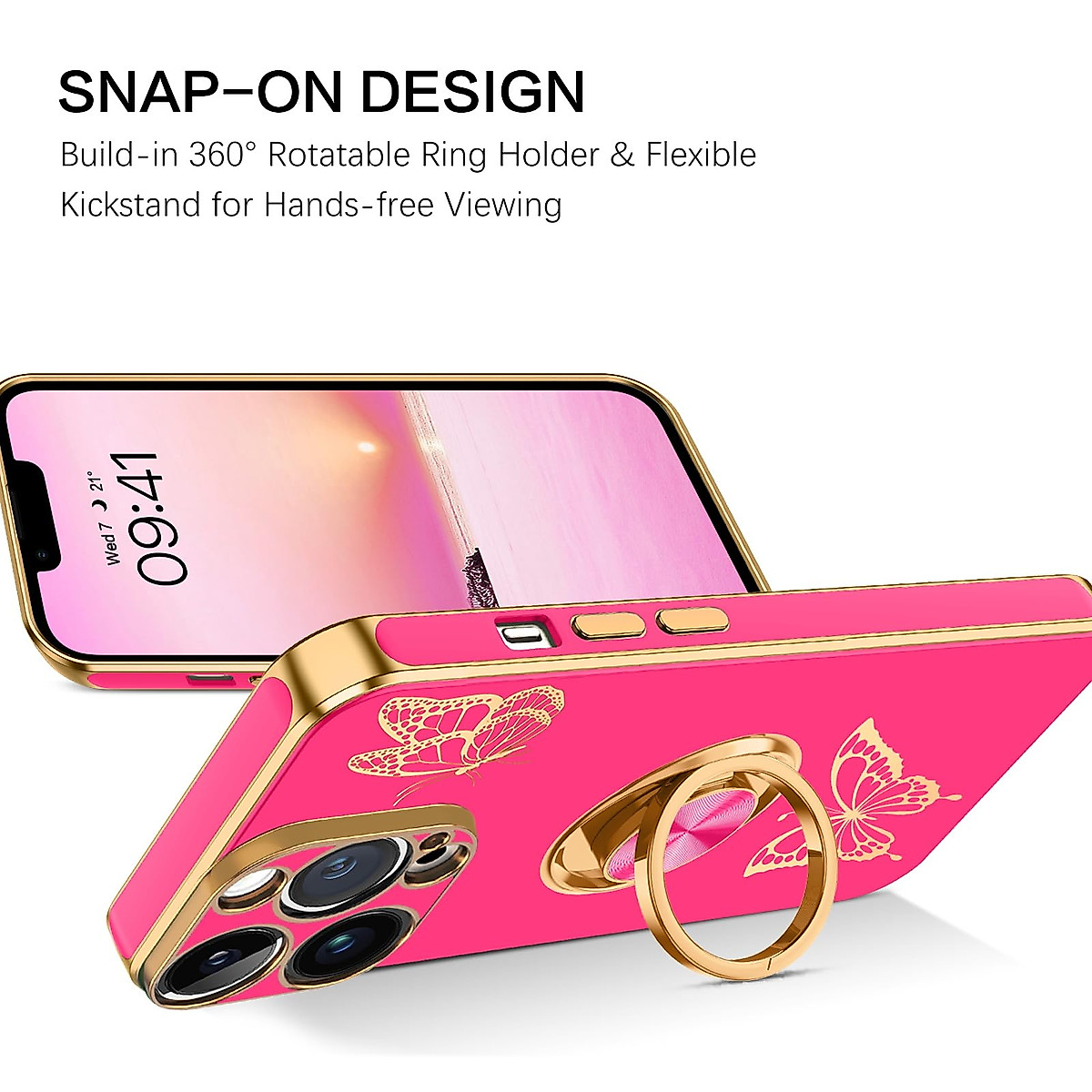 BENTOBEN for iPhone 13 Pro Max Case, Phone Case iPhone 13 Pro Max, Cute Butterfly Plating 360° Ring Holder Kickstand Magnetic Car Mount Supported Soft Bumper Women Men Drop Protective Cover, Hot Pink
