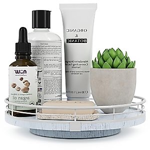 9" Oak Bathroom Vanity Tray Turntable for Perfume Candle, Round Wooden Decorative Tray for Kitchen Sink Countertop Organizer, Bathroom Counter Organizer for Skincare Makeup, Rustic White