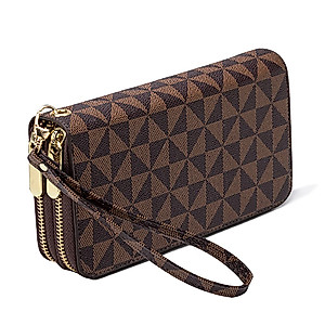 Veki Women's Wallet Double Zipper Pocket Wallets with Wrist Strap, Leather Credit Card Purse for Women Men (Brown)