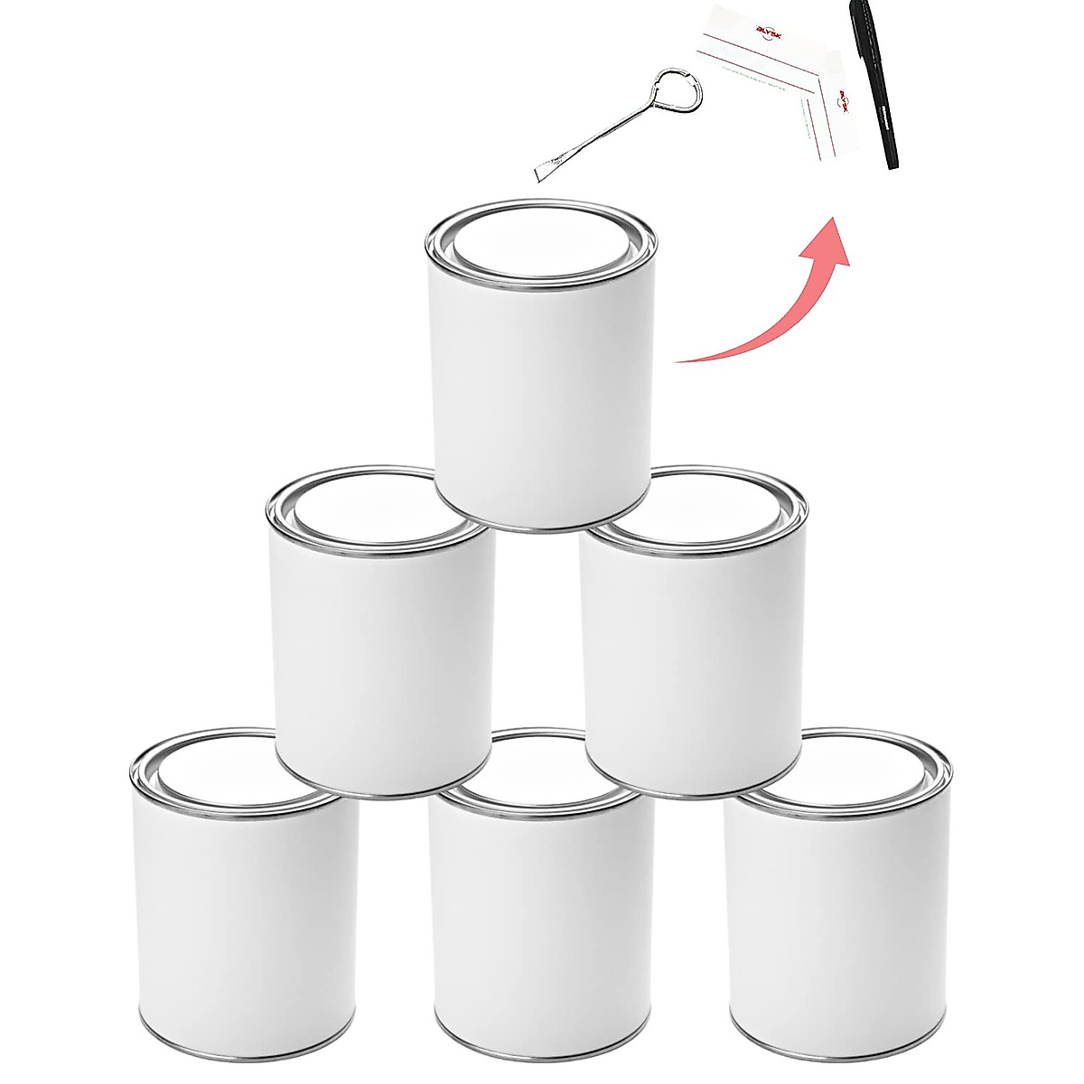 BLYSK Empty Metal Quart Paint Cans with Lids Paint Storage Containers Unlined Multipurpose Storage for Art and Crafts DIY Projects Painting Garage Organization Parties, Free Can Open, Marker & Labels (6, White)