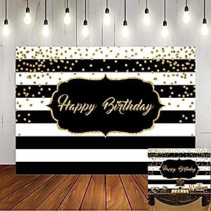Black and White Stripes Happy Birthday Backdrop Gold Shining Dots Birthday Party Photography Background for Adults Sweet Birthday Party Photo Banner Props 7x5ft