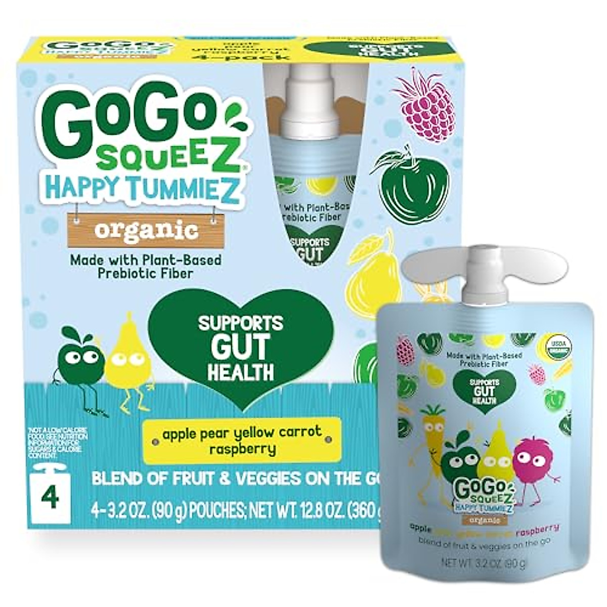 GoGo SqueeZ Happy TummieZ Organic Apple Pear Yellow Carrot Raspberry, 3.2 Oz (Pack of 4), Kids Snacks with Prebiotic Fiber, Gluten Free, Nut Free, Dairy Free Gut-Friendly Snack