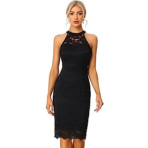 Allegra K Halter Formal Dress for Women's Sleeveless Bodycon Wedding Guest Cocktail Lace Sheath Dress Large Black