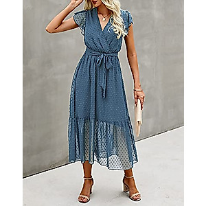 BTFBM Women Summer Bohemian Floral Casual Wrap V Neck Ruffle Cap Sleeveless Belt A-Line Pleated Hem Swing Midi Sun Dress (Swiss Dot Grey Blue, m)