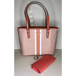 Michael Kors Jet Set Travel MD Carryall Tote bundled with Large Continental Wristlet Wallet Purse Hook (Signature MK Sherbert/Grapefruit)