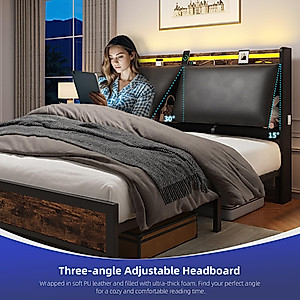 Full Size Bed Frame with Ergonomic Headboard, LED Lights Bed Frame with Hidden Storage, PU Leather Upholstered Platform Metal Bed with Charging Station , No Box Spring Needed, Heavy Duty, Black&Brown