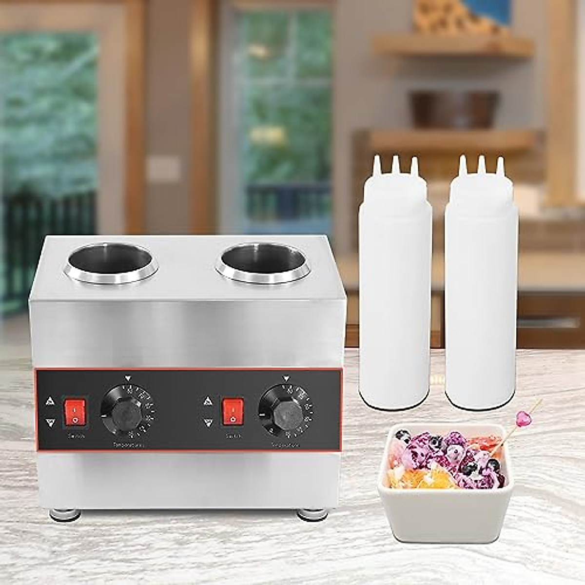 LYNICESHOP Electric Sauce Warmer, 2 Bottles Electric Warmer Butter Sauce Dispenser Sauce Warmer Pump Chocolate Sauce Warmer Toppings Bottle Warmer Food Sauce Dispenser Heater for Cheese, Caramel