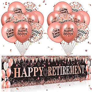 Happy Retirement Decorations for Women Large Rose Gold and Black Happy Retirement Banner Yard Sign with 18Pcs Rose Gold Retirement Balloons for Women Men Retirement Farewell Anniversary Party Supplies