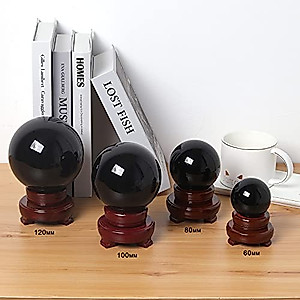 LONGWIN 120mm (4.7 in) Divination Black Crystal Ball Obsidian Healing Crystals Home Decorations Meditation Ornaments with Rotating Wooden Stand