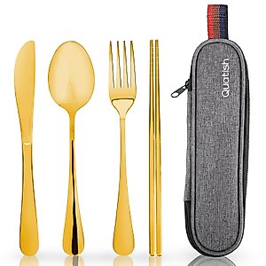 Travel Utensils with Case, Quatish Portable Silverware Set for Work, Stainless Steel Reusable Travel Cutlery Set, Fork and Spoon Set for Camping, Picnic, Gadgets, Lunch Box for Men, Gold