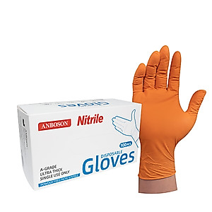ANBOSON Rubber-Disposable 9mil Mechanix Nitrile-Gloves Heavy-Duty - Chemical-Resistant Diamond Texture, Mechanics, Automotive(Orange of 100,Small)