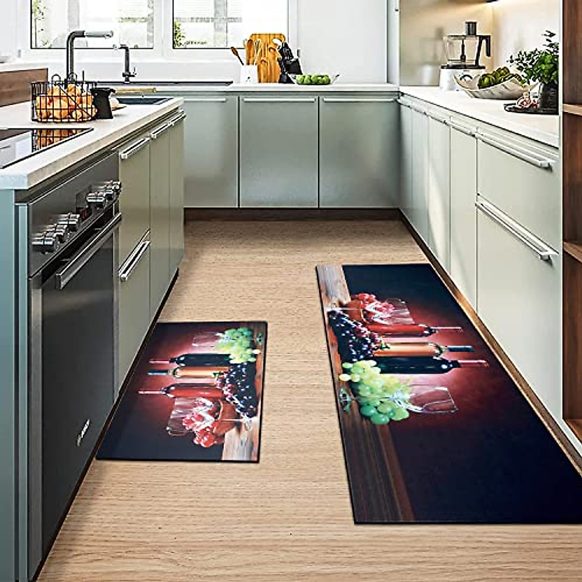 DOZARMOTA Red Wine Kitchen Rug 2 Piece Set, 3D Wine Kitchen Rugs and Mats Non Skid Washable for Floor Anti-Fatigue Kitchen Mat, Wine Glass Kitchen Decor Mat 17"x47"+17"x30"