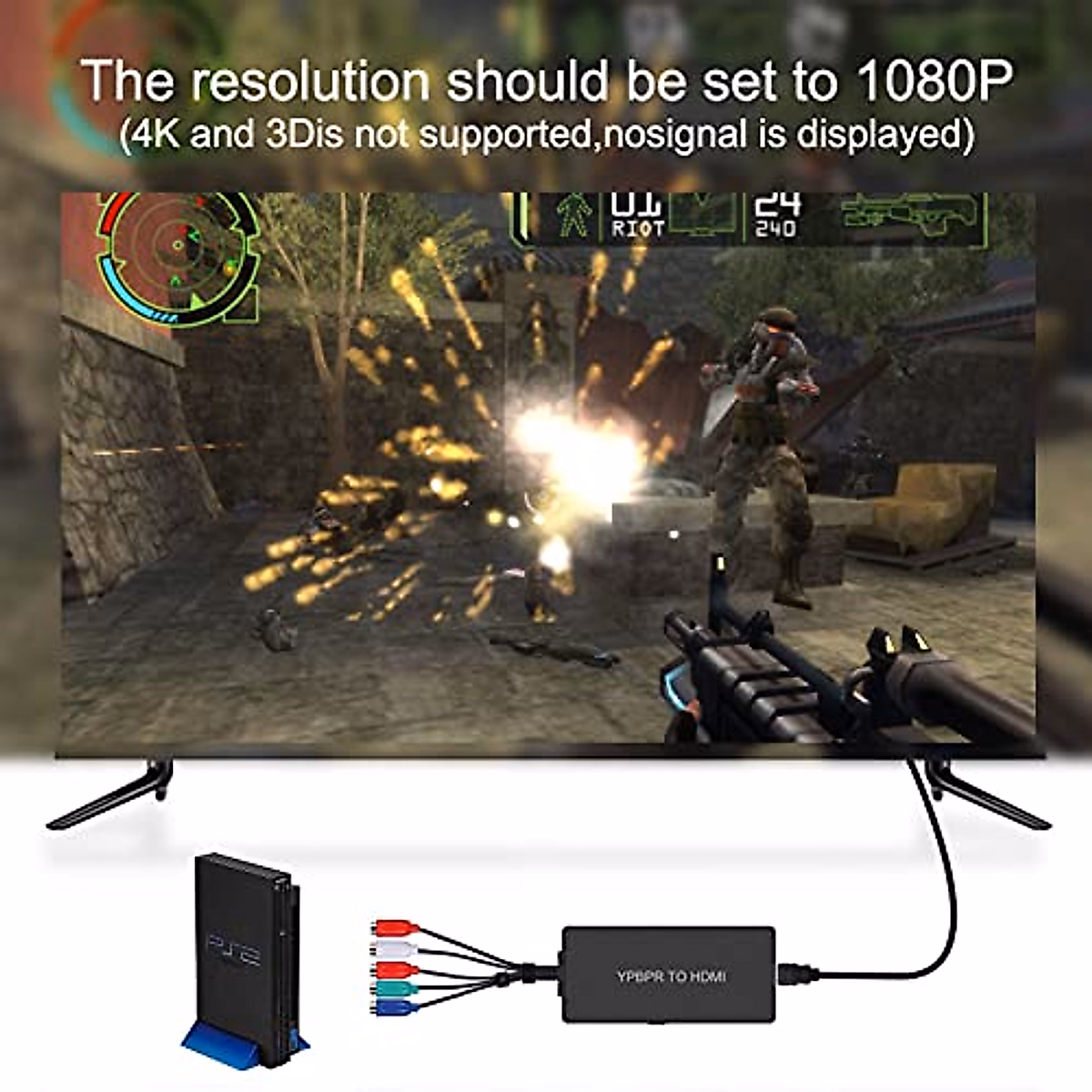 Dingsun Component to HDMI Converter Female YPbPr to HDMI Converter Support 720P/ 1080P for HD TV, DVD Player, Blu-ray Player, Wii, PS2/PS3, Xbox 360, Original Xbox and More (with HDMI Cable)