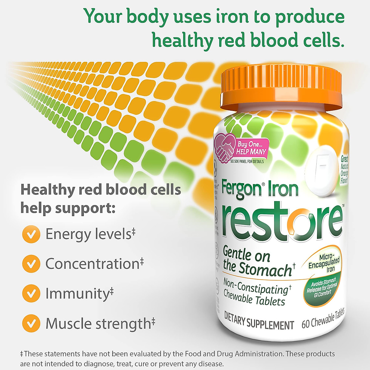 Fergon Iron Restore Chewable Tablets - Gentle on Stomach, Non-Constipating - 27mg Iron for Energy Support – 60 Tablets