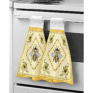 DecorLovee Summer Bee Hanging Kitchen Towels 2 Pack, Hand Towels with Hanging Loop for Bathroom, Yellow Lace Farmhouse Sunflower Rustic Kitchen Hand Towels Absorbent Dish Cloths Tie Dry Towel 18"x14"