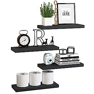 DOLLFIO Floating Shelves, 4 Sets Wall Shelves, Wooden Floating Shelves for Wall Décor, Wall Mounted Floating Shelf for Bathroom Storage, Floating Book Shelves for Wall, Bedroom, Living Room–Black