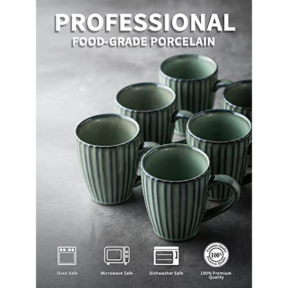 LAUCHUH Coffee Mug Set, Porcelain Fluted Mug 12 Oz Coffee Mugs with Large Handle for Coffee, Tea, Milk, Cocoa, Cereal, Father Day Gifts, Green Framhouse Style for Christmas, Set of 6