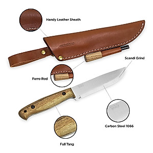 BPS Knives Adventurer - Bushcraft Knife - Fixed-Blade Carbon Steel Knife with Leather Sheath and Firestarter - Outdoor Full Tang Knives - Camping Knives - Survival Tactical Camp Knives