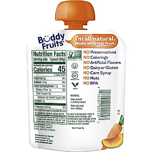 Buddy Fruits Pure Blended Fruit and Veggies Apple, Peach and Carrot Applesauce | 100% Real Fruits & Veggies | No Sugar, Non GMO, Vegan, No Preservatives, Certified Kosher | 3.2oz Pouch 18 Pack