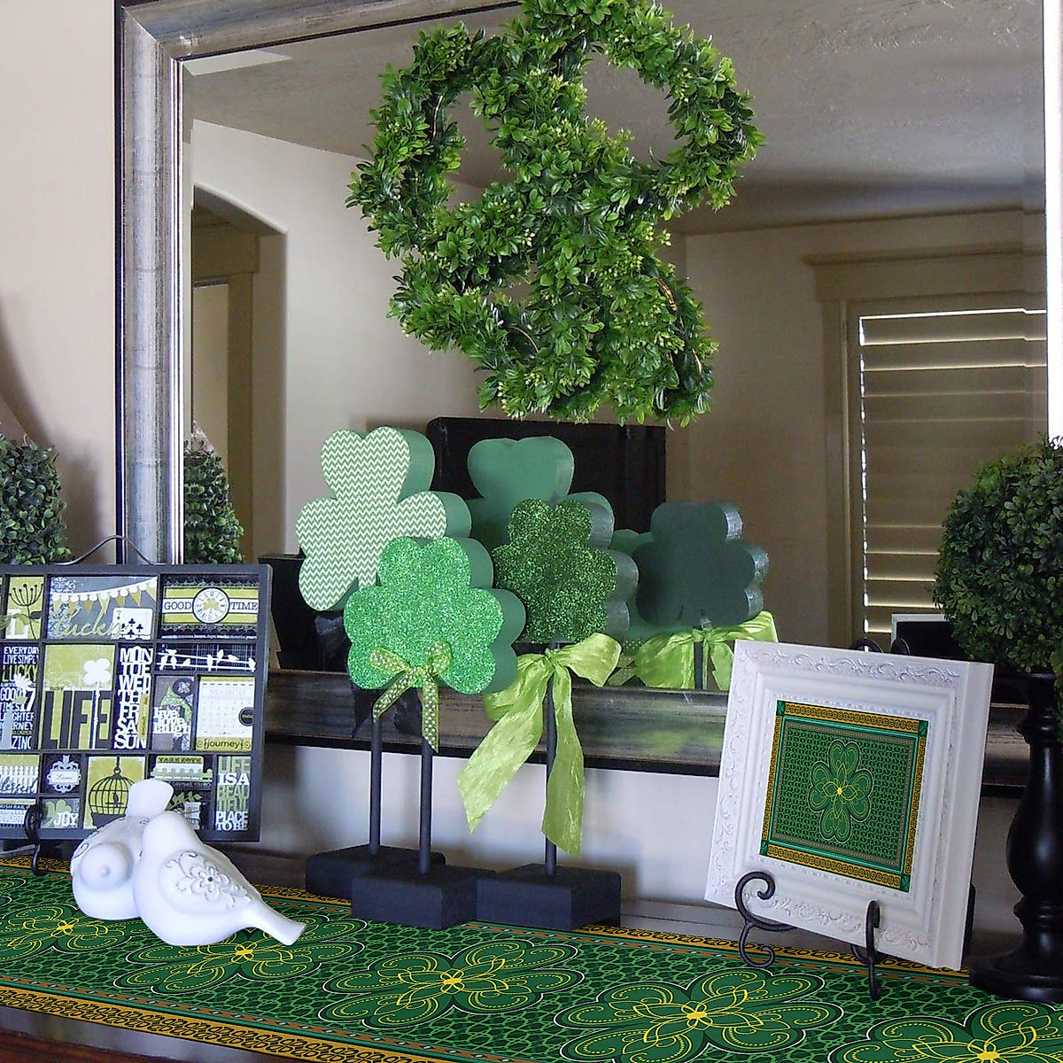 WAZZIT St. Patrick's Day Cotton Table Runner Decorative - Holiday Table Setting Decor Single Layer 13x70inch Traditional Shamrock Irish Decor Retro Geometric