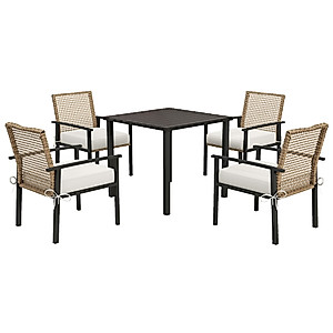 Outsunny 5 Pieces Outdoor Dining Set for 4, Wicker Rattan Patio Furniture Set, Patio Table and Chairs Set with Cushions, Square Metal Table Top, Conversation Set for Garden, Backyard, Deck, Beige
