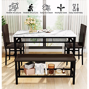 AWQM Dining Table Set for 4 with Bench and Chairs,Faux Mable Small Kitchen Table and Chairs for 4 w/Storage Rack, Dining Room Table Set for Small Spaces, Apartment,White+Brown