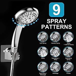 Shower Head, High Pressure Rainfall Shower Head with 11" Adjustable Extension Arm and 9 Settings Handheld Showerhead Combo with Holder, Retractable 59" Hose, Flow Regulator, Chrome (12 Inch1, Chrome)
