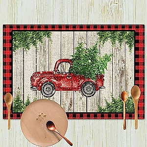 Red and Green Buffalo Plaid Santa Claus, Truck, Snowman Merry Christmas Placemats Set of 6, 12x18 Inch Winter Table Mats for Party Kitchen Dining Decoration (A)
