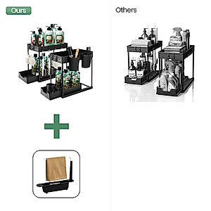 Regoia Under Sink Organizer and Storage 2 Pack with 1 Sponge Holder for Kitchen Sink, 2-Tier Sliding Bathroom Organizers and Storage, Kitchen Countertop Organization with Hooks and Hanging Cup, Black