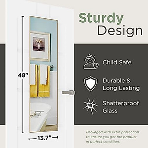 Mirrotek - Full Length Adjustable Over The Door Mirror Gold Aluminum Finish - Hanging Instant Install Long Full Body Mirror for Bedroom, Dorm Room