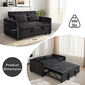 ZKJOLMN 3 in 1 Convertible Pull Out Couch Bed, Velvet Sleeper Sofa Couch with Pull Out Bed, Loveseat Sleeper with Adjustable Backrest, Pull Out Sofa Bed Sleeper for Living Room (Black)