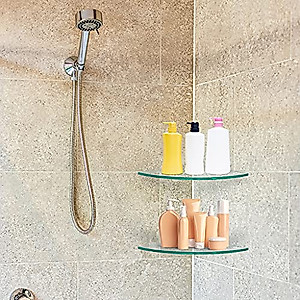 Sanbege 2 Pcs Tempered Glass Corner Shelf with 8 Brackets, 9.5" x 9.5" Floating Shower Caddy, Wall Mounted Shampoo Holder Organizer for Bathroom, Kitchen, Living Room