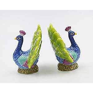 Fine Porcelain Peacock Open Fan Tail Salt & Pepper Shakers Set, 3-1/8" H