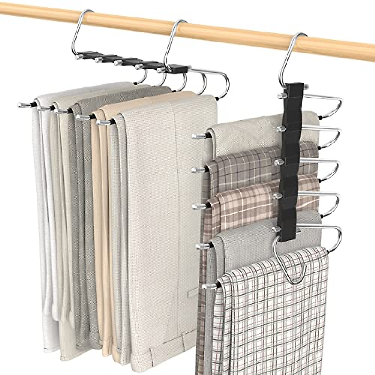 Loretoy 2 Pack Pants Hangers Space Saving, Anti-Slip Multi-Functional Pants Rack, Thickened Stainless Steel Tube with 10 Metal Clips, Two Hanging Modes Suitable for Jeans Trousers Skirts Scarf-Black