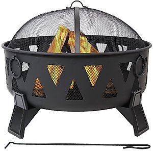 Sunnydaze 25-Inch Steel Wood-Burning Fire Pit with Mesh Stripe Cutouts - Includes Poker and Spark Screen