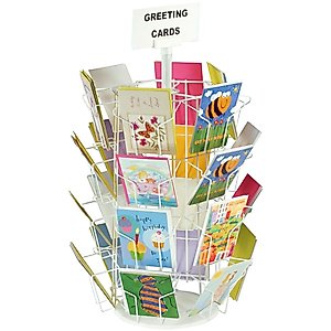 Greeting Card Rack with Twenty-Four 5 x 7 Pockets for Countertop Use, 29 Inch Tall Four - Tier Hexagon Wire Display Stand - White Wire with Plastic Base and Sign Holder