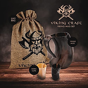 VIKING CRAFT Drinking Horn Mug - Hand Crafted 20oz Beer Mug Set with 2 Horn Cups - Great Viking Gifts for Men, Viking Decor Beer Stein, Norwegian Mead Tankard Mug, Medieval Viking Mug, Coseplay, LARP