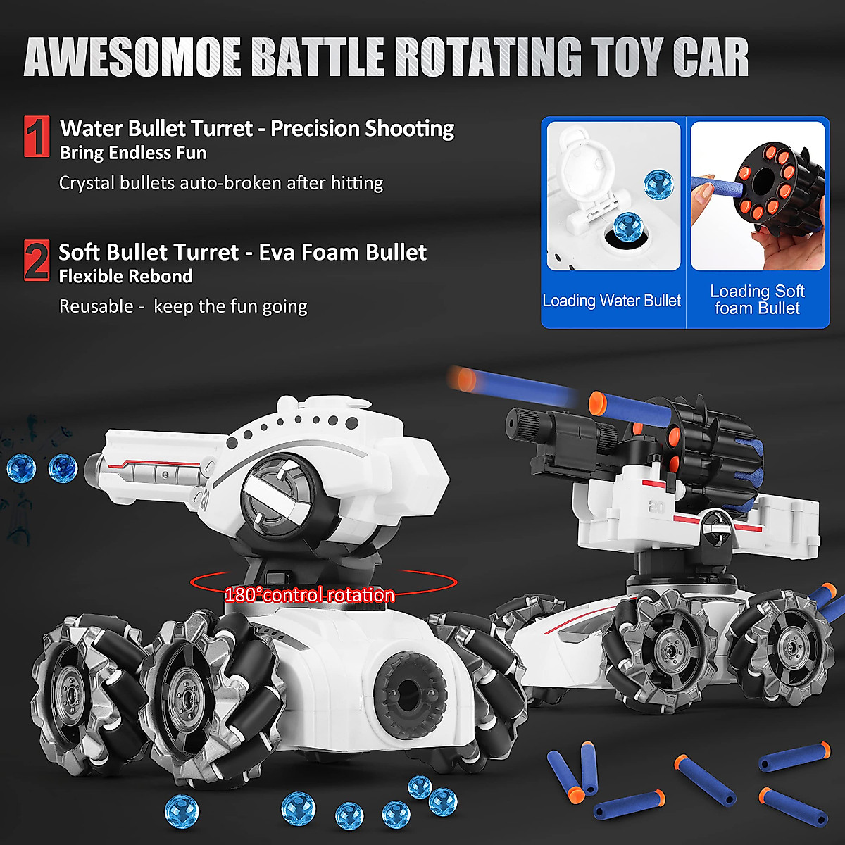 CXJ 3 Head RC Car,Rc Tank Car Shooting Water Bullets Remote Control Car, Kids 4WD Battle Stunt Car, Blow Bubble, Shoot Foam Darts, 360°Rotating, LEDs, Music, Toy Gifts for 6-15 Years Old Boys Girls