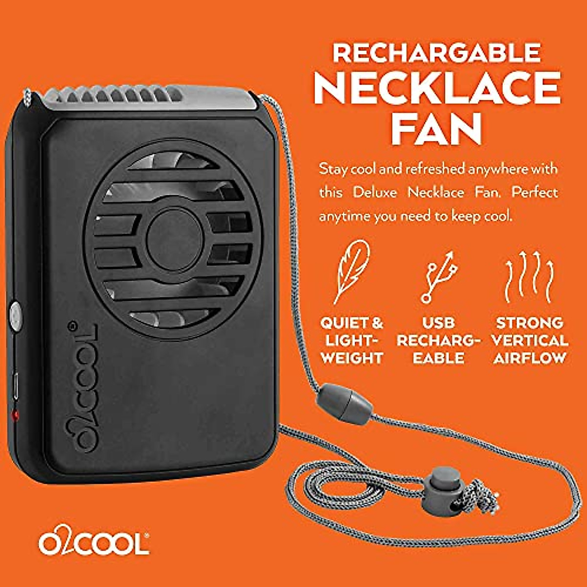 O2COOL Rechargeable Necklace Fan - Portable Hanging Neck Fan with Adjustable Lanyard - 3 Speed Vertical Air Flow – Micro USB Charging Cable Included (Black)