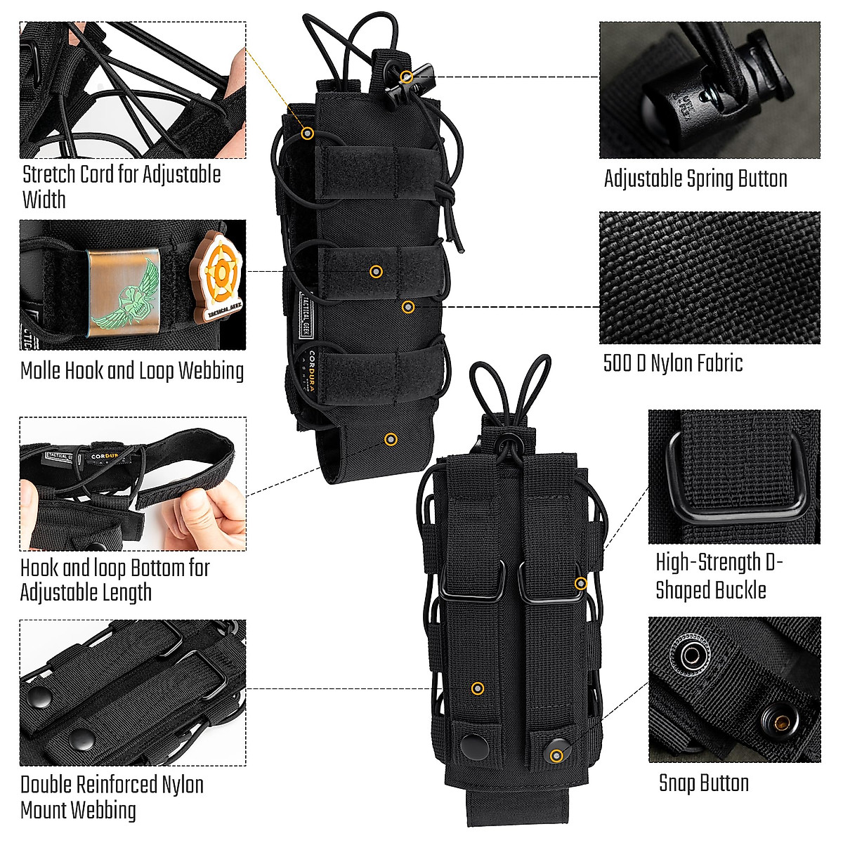 TACTICAL GEEK EXT11 Water Bottle Pouch, Portable Water Bottle Carrier, Drawstring Travel Bottle Holder, Adjustable Outdoor Sports Kettle Carrier Holster, Molle Water Bottle Holder for Backpack (Black)